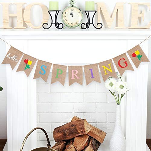 Hello Spring Banner Burlap Decoration Hello Spring Hanging Banner Garland Spring Home Mantel Fireplace Party Hanging Decoration for Door Mantel Fireplace Party Hanging Supplies