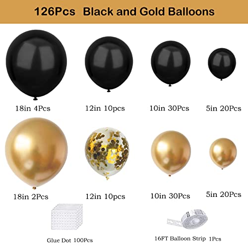 Black and Gold Balloon Garland Kit-126Pcs Black and Gold Balloons Party Decorations with 4 Different Sizes Black and Gold Latex Party Balloons for Birthday Graduation Father's Day New Years.