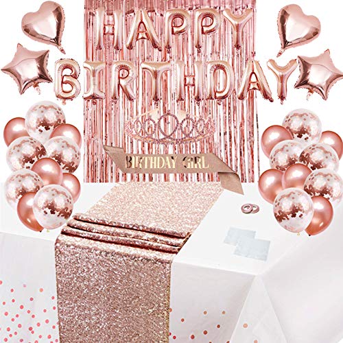 ZERODECO Rose Gold Birthday Party Decorations, Happy Birthday Banner, Glitter and White Table Runner, Sash, Queen Tiara, Fringe Curtains, Foil Confetti Balloon Party Decorations for Girls and Women