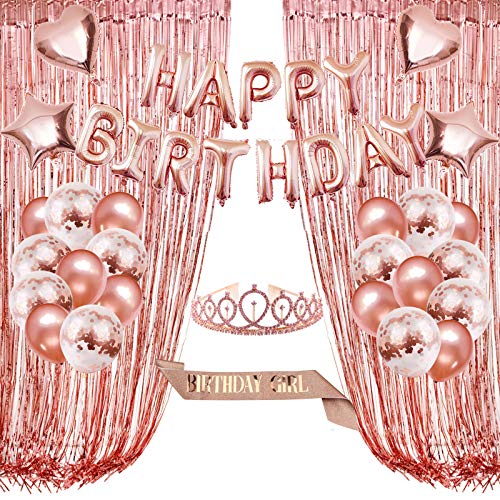 ZERODECO Rose Gold Birthday Party Decorations, Happy Birthday Banner, Glitter and White Table Runner, Sash, Queen Tiara, Fringe Curtains, Foil Confetti Balloon Party Decorations for Girls and Women