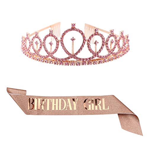 ZERODECO Rose Gold Birthday Party Decorations, Happy Birthday Banner, Glitter and White Table Runner, Sash, Queen Tiara, Fringe Curtains, Foil Confetti Balloon Party Decorations for Girls and Women