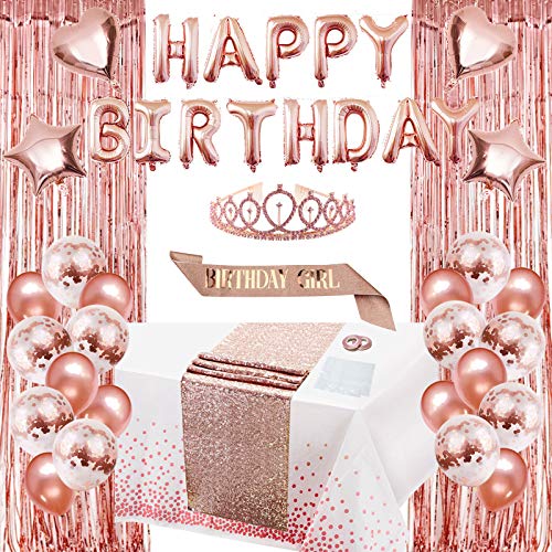 ZERODECO Rose Gold Birthday Party Decorations, Happy Birthday Banner, Glitter and White Table Runner, Sash, Queen Tiara, Fringe Curtains, Foil Confetti Balloon Party Decorations for Girls and Women