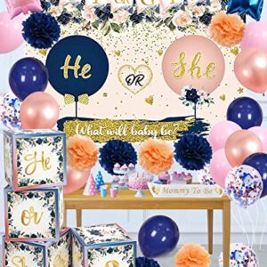 Gender Reveal Decorations - 4 Sets of He or She Balloons Boxes with Letters,Baby Blocks for Baby Shower Backdrop,Navy and Blush Balloons Set & Boy or Girl Banner,Mommy To Be Sach with Paper Pom Poms for Boy or Girl Baby Shower Gender Reveal Party Supplies