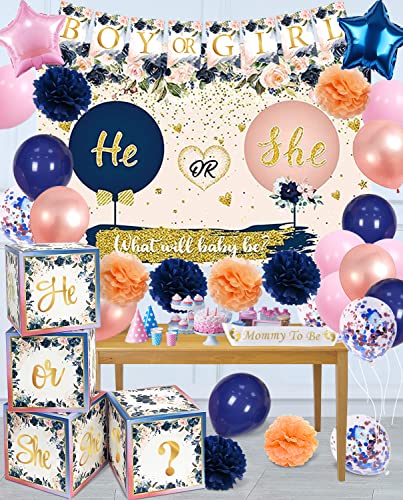 Gender Reveal Decorations - 4 Sets of He or She Balloons Boxes with Letters,Baby Blocks for Baby Shower Backdrop,Navy and Blush Balloons Set & Boy or Girl Banner,Mommy To Be Sach with Paper Pom Poms for Boy or Girl Baby Shower Gender Reveal Party Supplies