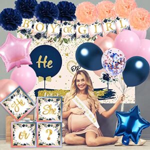 Gender Reveal Decorations - 4 Sets of He or She Balloons Boxes with Letters,Baby Blocks for Baby Shower Backdrop,Navy and Blush Balloons Set & Boy or Girl Banner,Mommy To Be Sach with Paper Pom Poms for Boy or Girl Baby Shower Gender Reveal Party Supplies