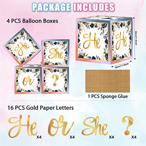 Gender Reveal Decorations - 4 Sets of He or She Balloons Boxes with Letters,Baby Blocks for Baby Shower Backdrop,Navy and Blush Balloons Set & Boy or Girl Banner,Mommy To Be Sach with Paper Pom Poms for Boy or Girl Baby Shower Gender Reveal Party Supplies