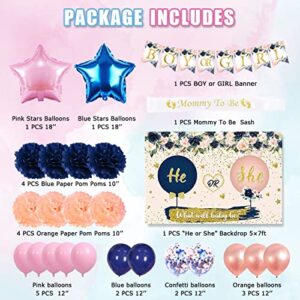 Gender Reveal Decorations - 4 Sets of He or She Balloons Boxes with Letters,Baby Blocks for Baby Shower Backdrop,Navy and Blush Balloons Set & Boy or Girl Banner,Mommy To Be Sach with Paper Pom Poms for Boy or Girl Baby Shower Gender Reveal Party Supplies