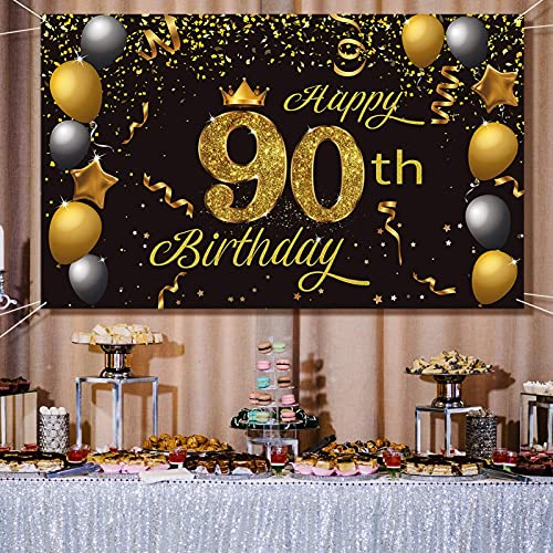 Crenics Happy 90th Birthday Backdrop Banner, Extra Large 90th Birthday Photo Background Banner, Gold Black 90th Birthday Decorations Party Supplies Banner for Women Men, 5.9 x 3.6 ft