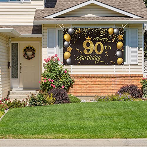 Crenics Happy 90th Birthday Backdrop Banner, Extra Large 90th Birthday Photo Background Banner, Gold Black 90th Birthday Decorations Party Supplies Banner for Women Men, 5.9 x 3.6 ft