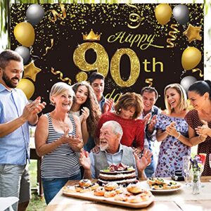 Crenics Happy 90th Birthday Backdrop Banner, Extra Large 90th Birthday Photo Background Banner, Gold Black 90th Birthday Decorations Party Supplies Banner for Women Men, 5.9 x 3.6 ft