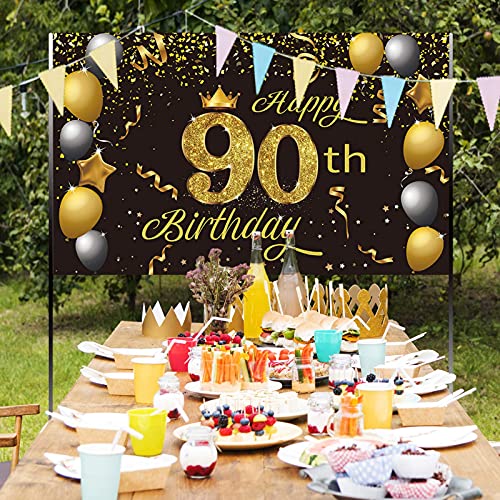 Crenics Happy 90th Birthday Backdrop Banner, Extra Large 90th Birthday Photo Background Banner, Gold Black 90th Birthday Decorations Party Supplies Banner for Women Men, 5.9 x 3.6 ft