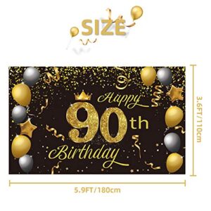 Crenics Happy 90th Birthday Backdrop Banner, Extra Large 90th Birthday Photo Background Banner, Gold Black 90th Birthday Decorations Party Supplies Banner for Women Men, 5.9 x 3.6 ft