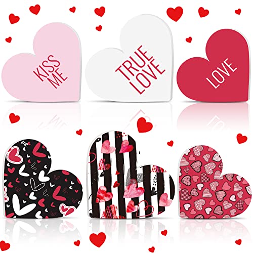 Yulejo 3 Pieces Valentine's Day Wood Sign Heart-Shaped Wood Letter Double-Sided Wooden Heart Decorative Sign Table Centerpiece Decor for Valentine's Day