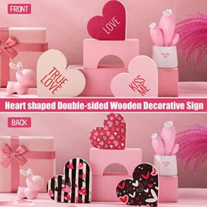 Yulejo 3 Pieces Valentine's Day Wood Sign Heart-Shaped Wood Letter Double-Sided Wooden Heart Decorative Sign Table Centerpiece Decor for Valentine's Day