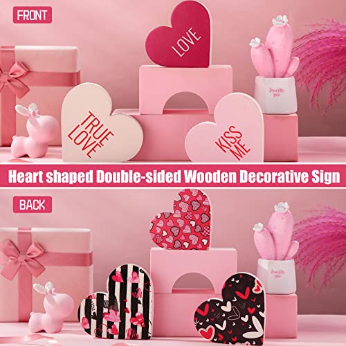 Yulejo 3 Pieces Valentine's Day Wood Sign Heart-Shaped Wood Letter Double-Sided Wooden Heart Decorative Sign Table Centerpiece Decor for Valentine's Day