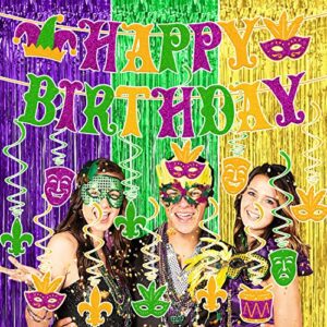 Mardi Gras Birthday Decorations Carnival Happy Bday Banner Green Gold Purple Foil Curtains Backdrop Hanging Swirls Decor Fat Tuesday New Orleans Masquerade fleur de lis Theme Festival Party Supplies