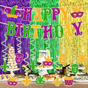 Mardi Gras Birthday Decorations Carnival Happy Bday Banner Green Gold Purple Foil Curtains Backdrop Hanging Swirls Decor Fat Tuesday New Orleans Masquerade fleur de lis Theme Festival Party Supplies