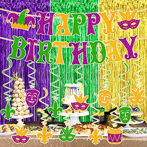 Mardi Gras Birthday Decorations Carnival Happy Bday Banner Green Gold Purple Foil Curtains Backdrop Hanging Swirls Decor Fat Tuesday New Orleans Masquerade fleur de lis Theme Festival Party Supplies