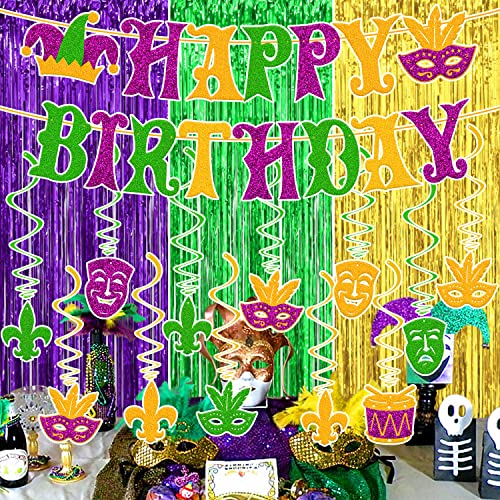 Mardi Gras Birthday Decorations Carnival Happy Bday Banner Green Gold Purple Foil Curtains Backdrop Hanging Swirls Decor Fat Tuesday New Orleans Masquerade fleur de lis Theme Festival Party Supplies