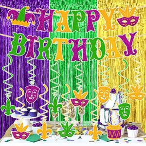 Mardi Gras Birthday Decorations Carnival Happy Bday Banner Green Gold Purple Foil Curtains Backdrop Hanging Swirls Decor Fat Tuesday New Orleans Masquerade fleur de lis Theme Festival Party Supplies