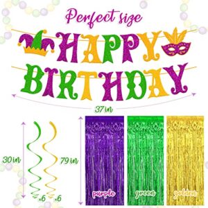 Mardi Gras Birthday Decorations Carnival Happy Bday Banner Green Gold Purple Foil Curtains Backdrop Hanging Swirls Decor Fat Tuesday New Orleans Masquerade fleur de lis Theme Festival Party Supplies