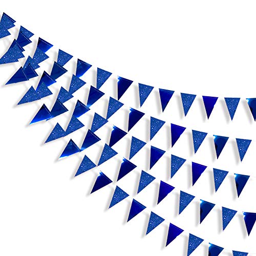 30 Ft Navy Blue Party Decorations Royal Blue Metallic Glitter Paper Triangle Banner Flag Garland Pennant Bunting for Birthday Baby Shower Graduation Ahoy Achor Nautical Pirate Theme Party Supplies