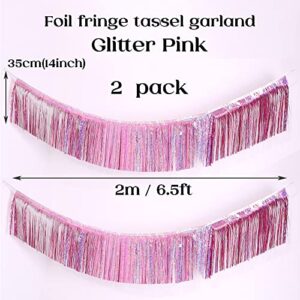 Premium Glitter Pink Fringe Tassel Garland for Party Decorations -4 Layers Thick, 2 Pack | LILF Foil Tinsel Garland Party Streamers for Wedding Birthday Party Christmas Decoration Home Hanging Decor