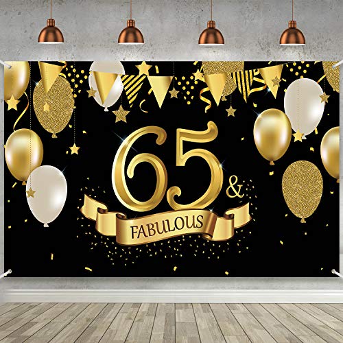 65th Birthday Black Gold Party Decoration, Large Fabric Black Gold Sign Poster for 65th Anniversary Backdrop Banner, 65th Birthday Party Supply Photo Booth Backdrop Background Banner 72.8 x 43.3 Inch