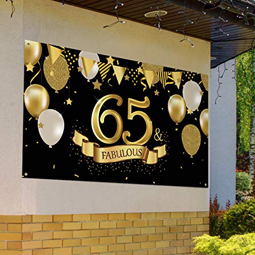 65th Birthday Black Gold Party Decoration, Large Fabric Black Gold Sign Poster for 65th Anniversary Backdrop Banner, 65th Birthday Party Supply Photo Booth Backdrop Background Banner 72.8 x 43.3 Inch