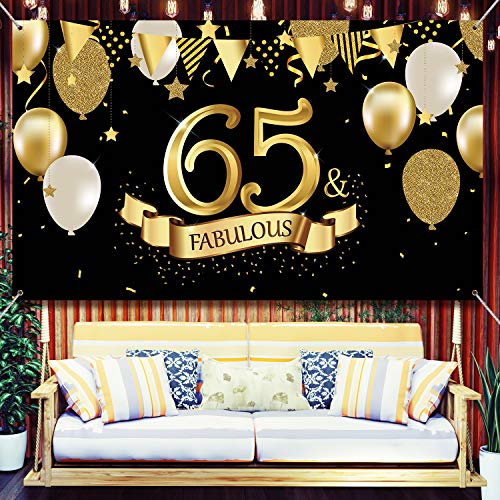 65th Birthday Black Gold Party Decoration, Large Fabric Black Gold Sign Poster for 65th Anniversary Backdrop Banner, 65th Birthday Party Supply Photo Booth Backdrop Background Banner 72.8 x 43.3 Inch