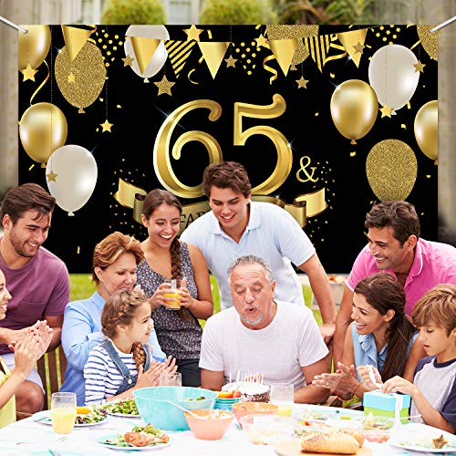 65th Birthday Black Gold Party Decoration, Large Fabric Black Gold Sign Poster for 65th Anniversary Backdrop Banner, 65th Birthday Party Supply Photo Booth Backdrop Background Banner 72.8 x 43.3 Inch