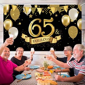 65th Birthday Black Gold Party Decoration, Large Fabric Black Gold Sign Poster for 65th Anniversary Backdrop Banner, 65th Birthday Party Supply Photo Booth Backdrop Background Banner 72.8 x 43.3 Inch