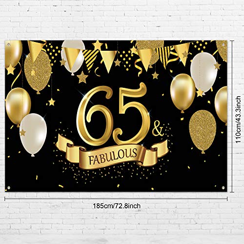 65th Birthday Black Gold Party Decoration, Large Fabric Black Gold Sign Poster for 65th Anniversary Backdrop Banner, 65th Birthday Party Supply Photo Booth Backdrop Background Banner 72.8 x 43.3 Inch