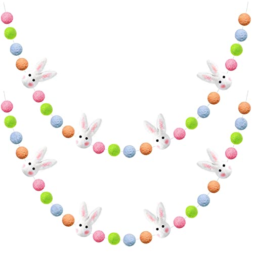 2 Pcs Easter Felt Garland Banner Wool Felt Bunny Ball Garland Hanging Bunting Ornaments Happy Easter Garland Party Decorations for Mantle Fireplace Baby Shower Birthday