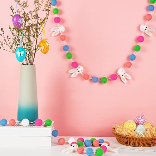 2 Pcs Easter Felt Garland Banner Wool Felt Bunny Ball Garland Hanging Bunting Ornaments Happy Easter Garland Party Decorations for Mantle Fireplace Baby Shower Birthday