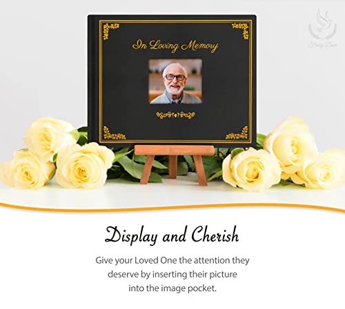 Fancy Dove Funeral Guest Book with Picture Pocket. Celebration of Life Sign in Book with Gold Embossed Leather Hardcover. Signature and Memory Book with 124 Pages