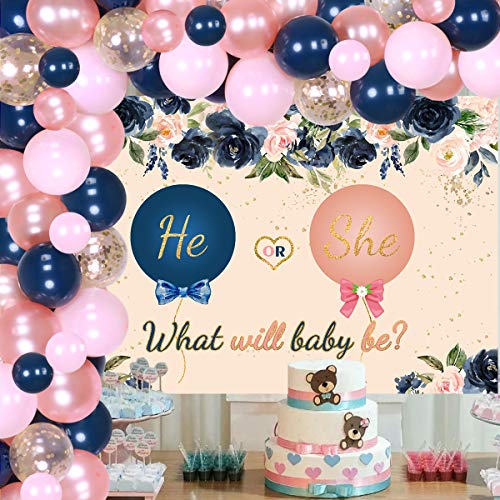 Gender Reveal Decorations Navy Blush Balloon Garland Arch Kit Reveal Party Backdrop Supplies with Navy Blue Pink Rose Gold Confetti Latex Balloons for Baby Shower Gender Reveal Party Decor