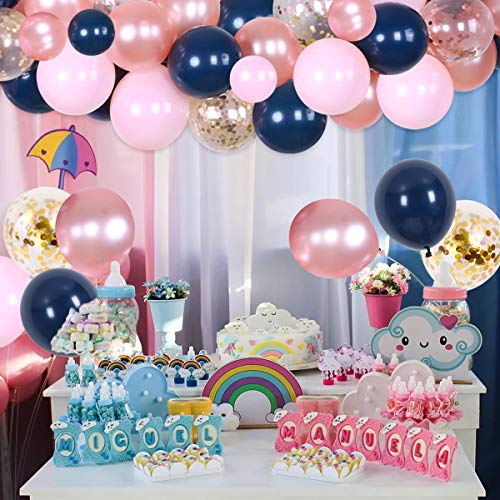 Gender Reveal Decorations Navy Blush Balloon Garland Arch Kit Reveal Party Backdrop Supplies with Navy Blue Pink Rose Gold Confetti Latex Balloons for Baby Shower Gender Reveal Party Decor