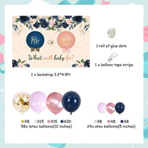 Gender Reveal Decorations Navy Blush Balloon Garland Arch Kit Reveal Party Backdrop Supplies with Navy Blue Pink Rose Gold Confetti Latex Balloons for Baby Shower Gender Reveal Party Decor