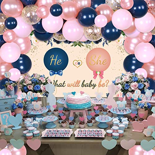 Gender Reveal Decorations Navy Blush Balloon Garland Arch Kit Reveal Party Backdrop Supplies with Navy Blue Pink Rose Gold Confetti Latex Balloons for Baby Shower Gender Reveal Party Decor