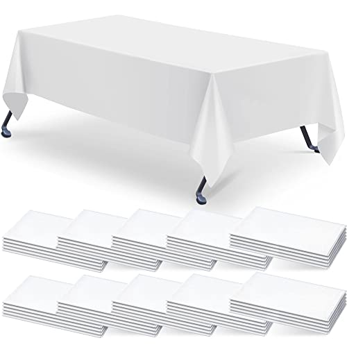 Jecery 50 Pcs Disposable Plastic Tablecloth 60 x 126 Inch Decorative Rectangle Table Cover Plastic Table Cloth for Indoor Outdoor Birthday Wedding Parties (White)