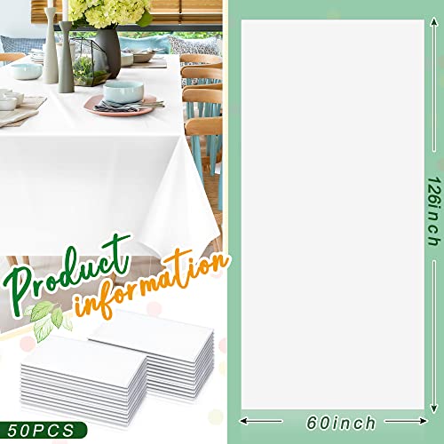 Jecery 50 Pcs Disposable Plastic Tablecloth 60 x 126 Inch Decorative Rectangle Table Cover Plastic Table Cloth for Indoor Outdoor Birthday Wedding Parties (White)