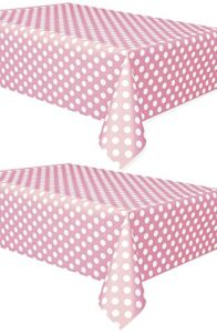 2 pack polka dot plastic tablecloth, 108 x 54, light pink with white dots