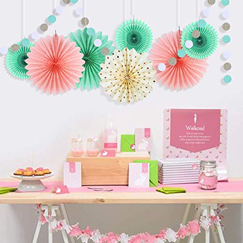 SUNBEAUTY Paper Fans Decorations Kit Wedding Bridal Shower Baby Shower Birthday Decoration Hanging Paper Honeycomb Decoration, Cream Mint Green Rose Pink 7pcs