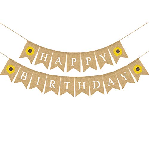 Happy Birthday Banner Bunting Decorative Burlap Banner Sunflower Pattern Flag Party Supplies