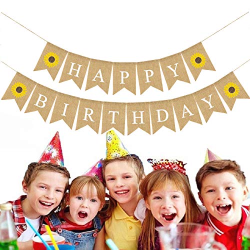 Happy Birthday Banner Bunting Decorative Burlap Banner Sunflower Pattern Flag Party Supplies