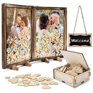 pulcher wedding guest book alternative, wooden drop top box picture frame, 160 wooden hearts, wedding guest sign in & wooden card box for rustic wedding decor, baby shower, funeral (carbonized black)