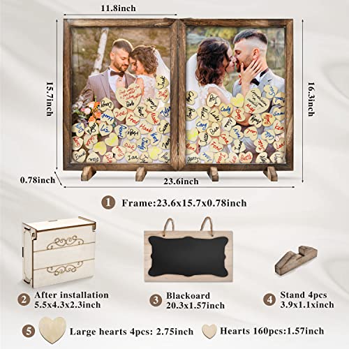 Pulcher Wedding Guest Book Alternative, Wooden Drop Top Box Picture Frame, 160 Wooden Hearts, Wedding Guest Sign in & Wooden Card Box for Rustic Wedding Decor, Baby Shower, Funeral (Carbonized Black)