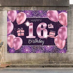 PAKBOOM Happy 16th Birthday Banner Backdrop - 16 Birthday Party Decorations Supplies for Girl - Pink Purple Gold 4 x 6ft