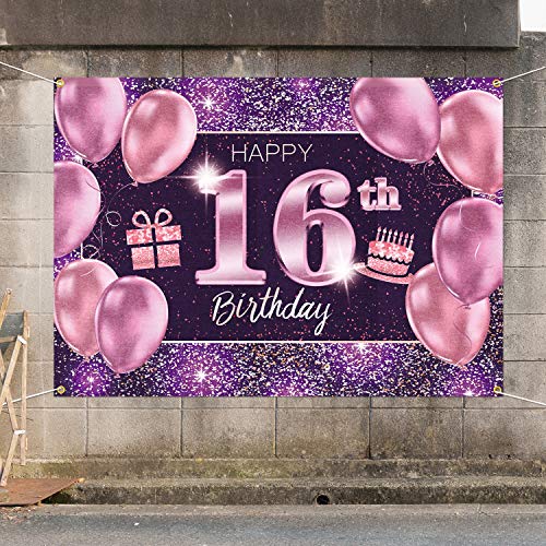 PAKBOOM Happy 16th Birthday Banner Backdrop - 16 Birthday Party Decorations Supplies for Girl - Pink Purple Gold 4 x 6ft